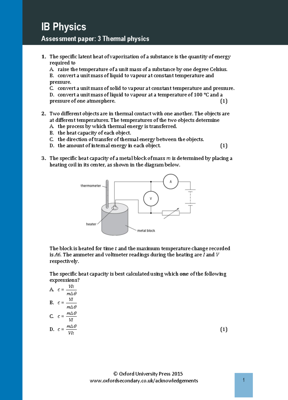 3 Thermal Physics Assessment Paper: Key Concepts & Questions - Studocu