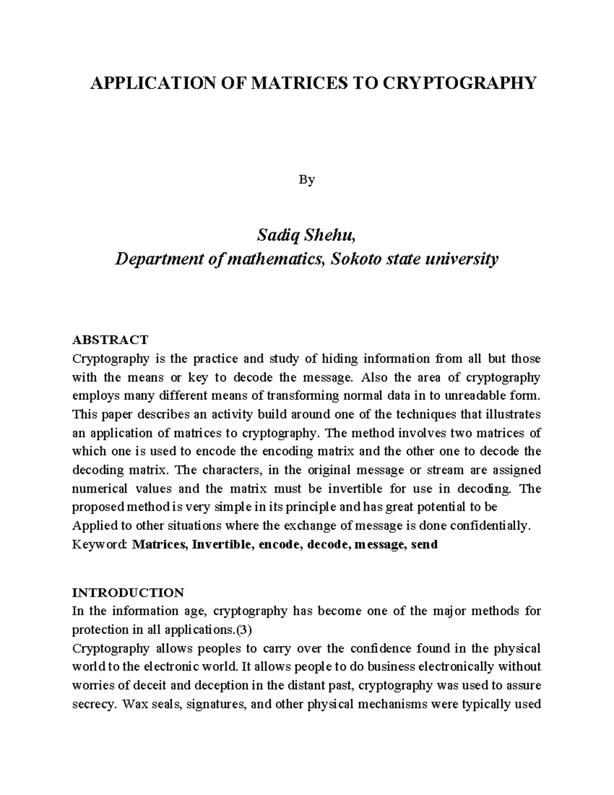 Application of Matrices in Cryptography - Math 101 Essay Notes - Studocu