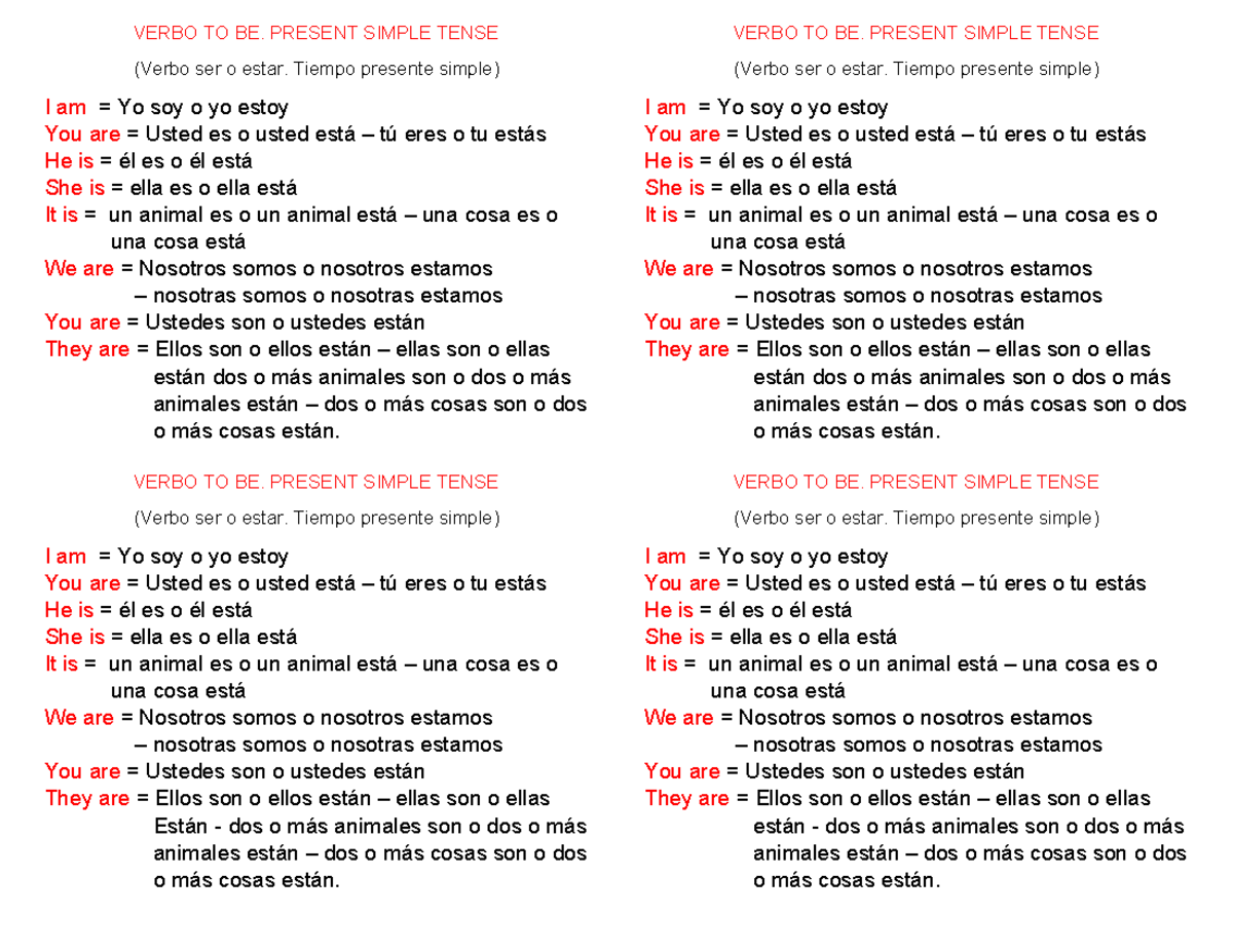 Verbo To Be: Present Simple Tense (Verbo Ser o Estar) - Studocu