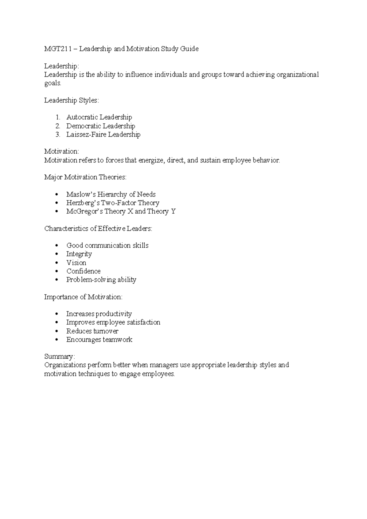 MGT211 1 - helpful for preparation - MGT211 – Leadership and Motivation ...