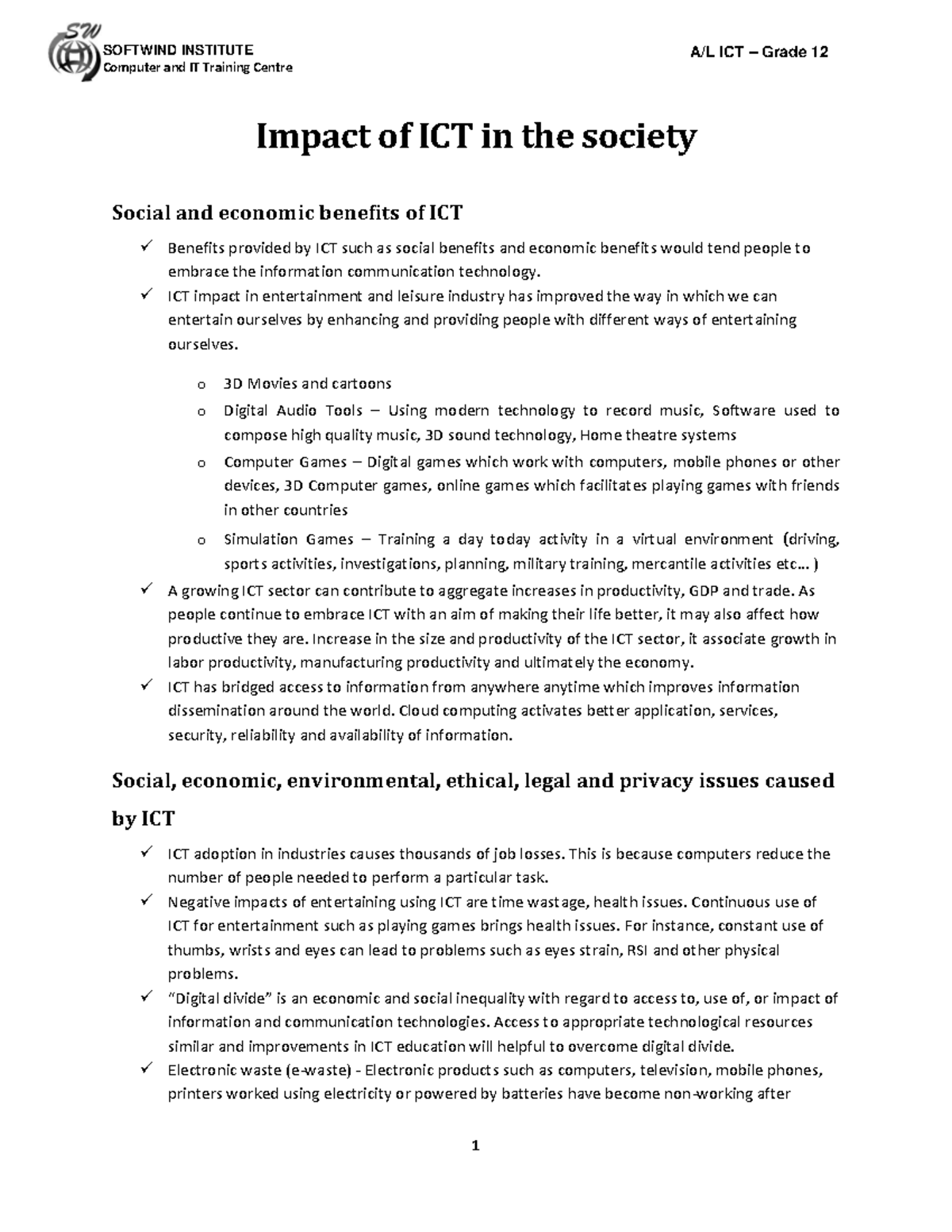 Grade 12 A/L ICT - Lesson 1: Social & Environmental Effects of ICT ...