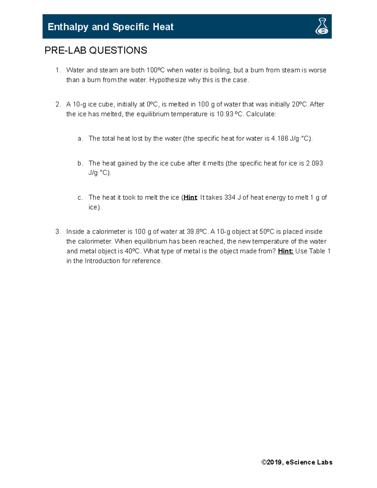 Enthalpy and Specific Heat Pre-Lab Questions for Chem 101 - Studocu
