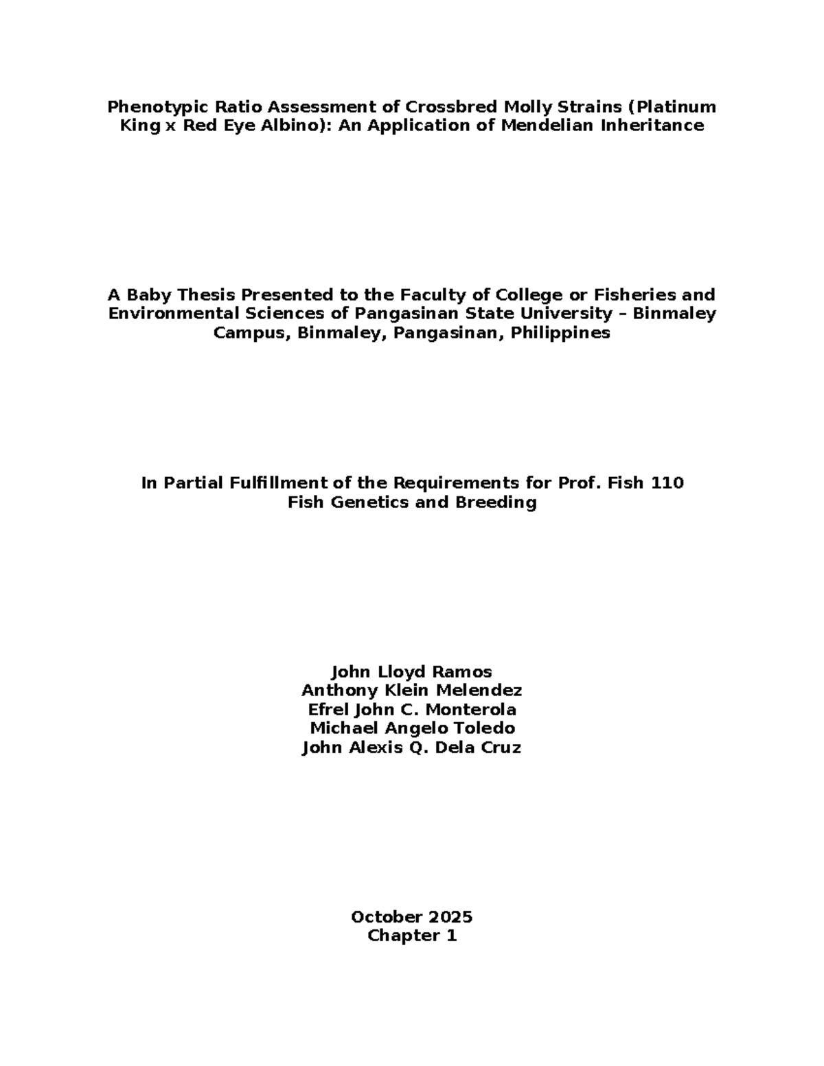 Phenotypic Ratio Analysis of Crossbred Molly Strains in Fish 110 - Studocu