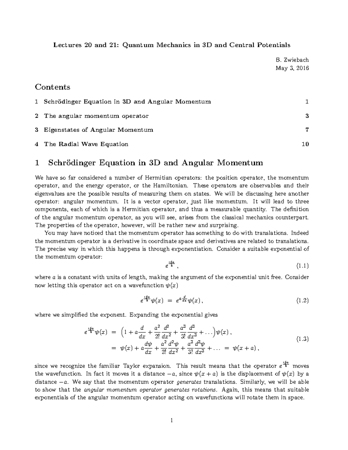 MIT 8.04S16 Lecture Notes: Quantum Mechanics in 3D & Angular Momentum ...