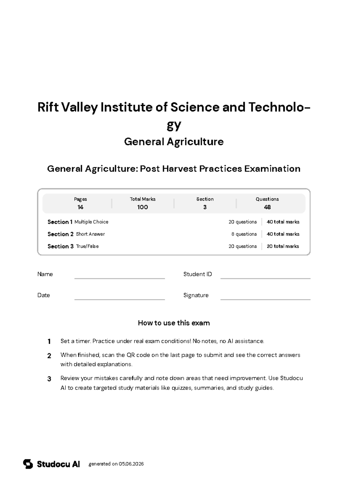 General Agriculture: Post Harvest Practices Exam - Studocu