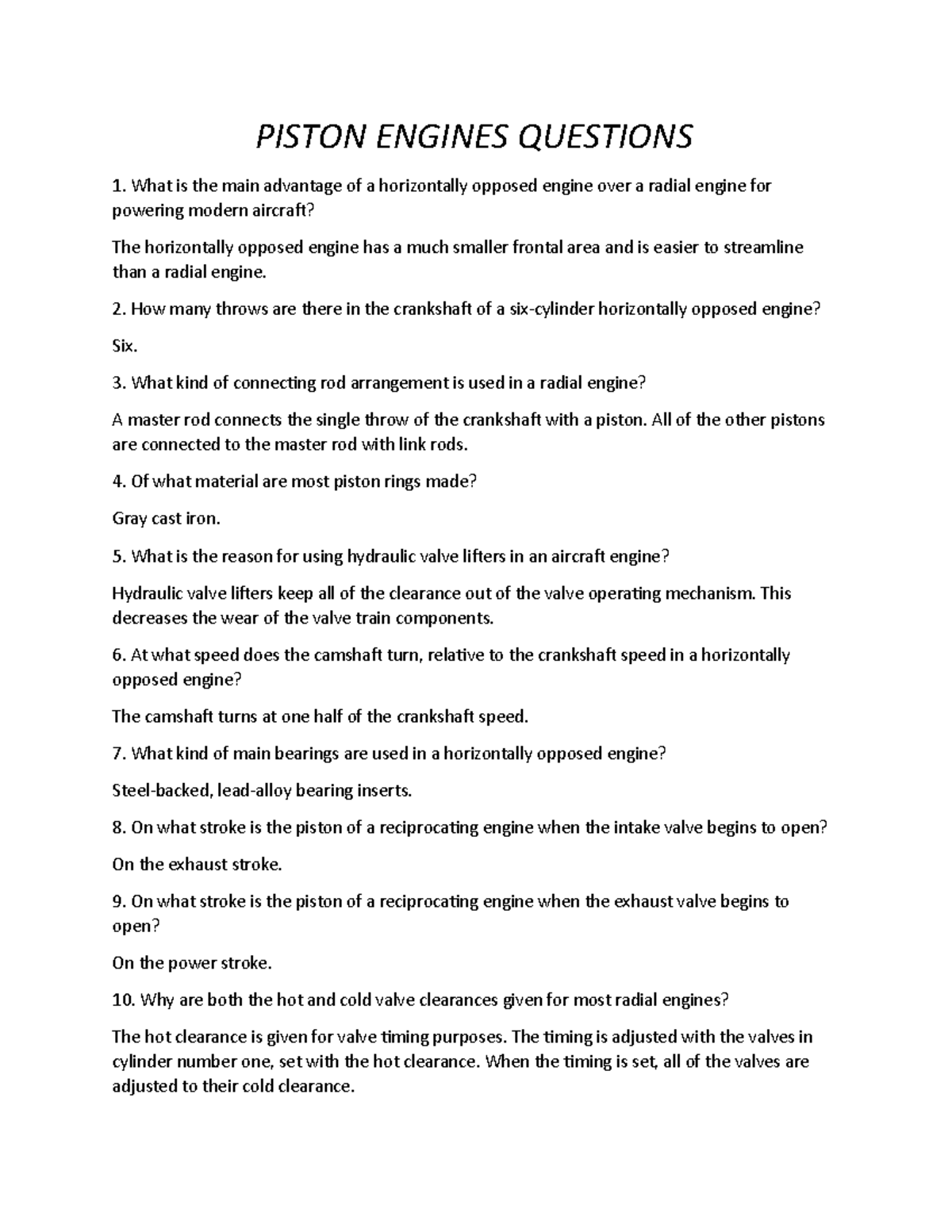 Piston Engine Questions and Answers: Key Insights for AERO 101 - Studocu