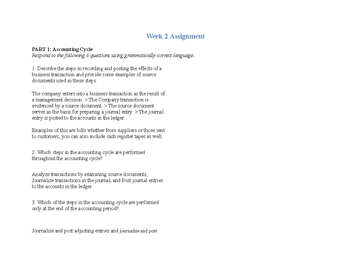 Week 1 Assignment - BUS3061 Week 1 Assignment Template PART 1: Accounting Environment Respond to ...
