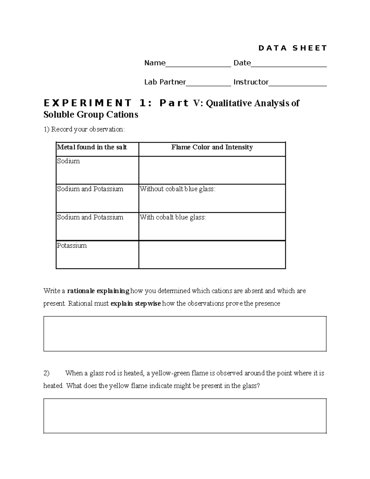 CHM1046 L Lab Exp 1 Part V: Qualitative Analysis Data Sheet - Studocu