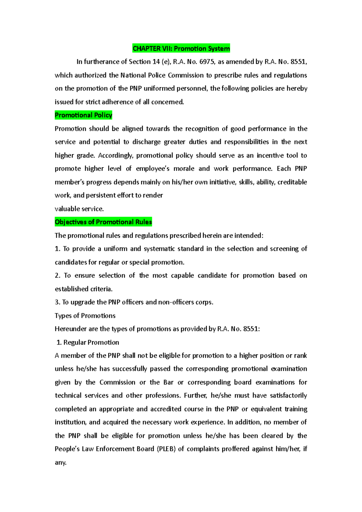 Chapter VII: PNP Promotion System Guidelines and Procedures - Studocu