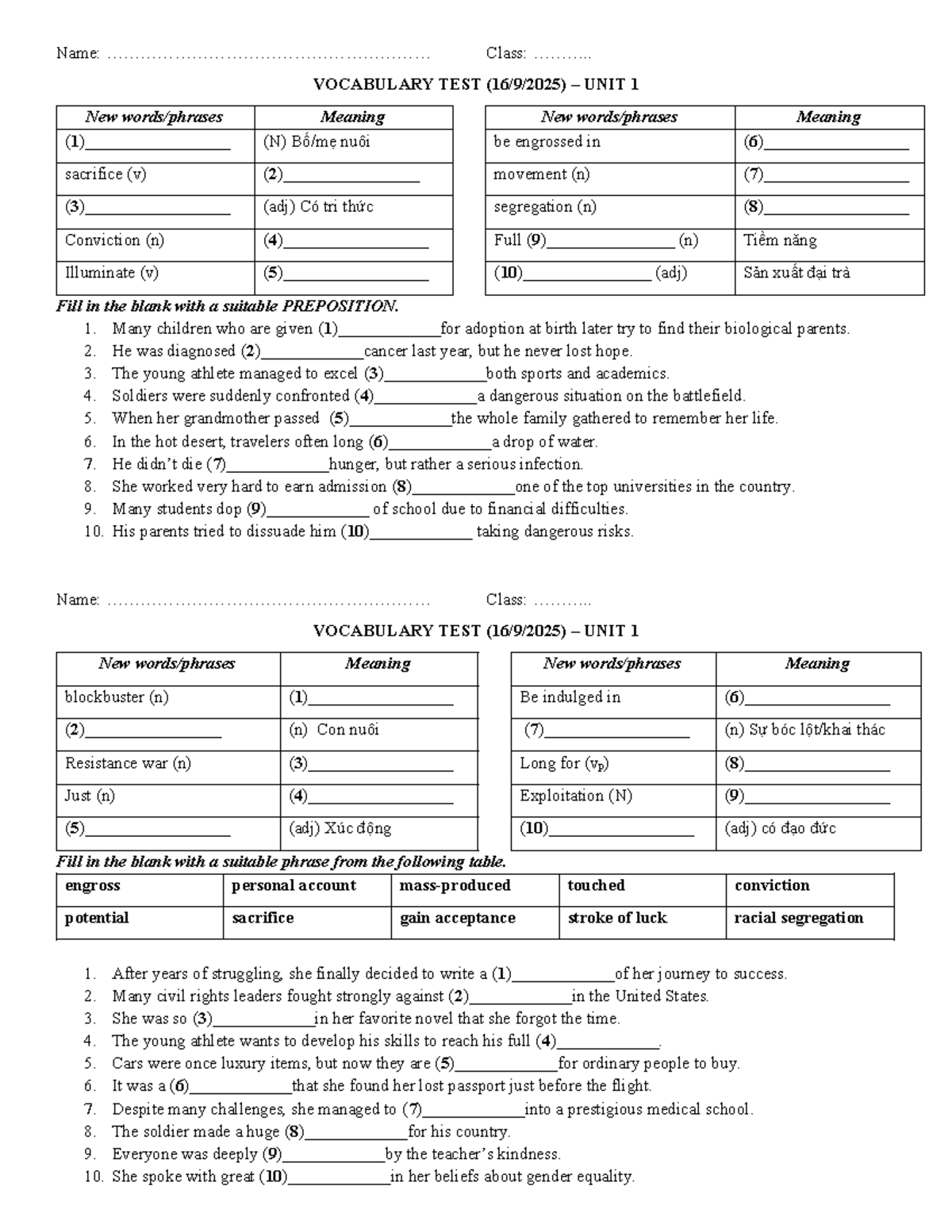 VOCABULARY TEST UNIT 1: Practice Test & Fill-in-the-Blank Exercises ...