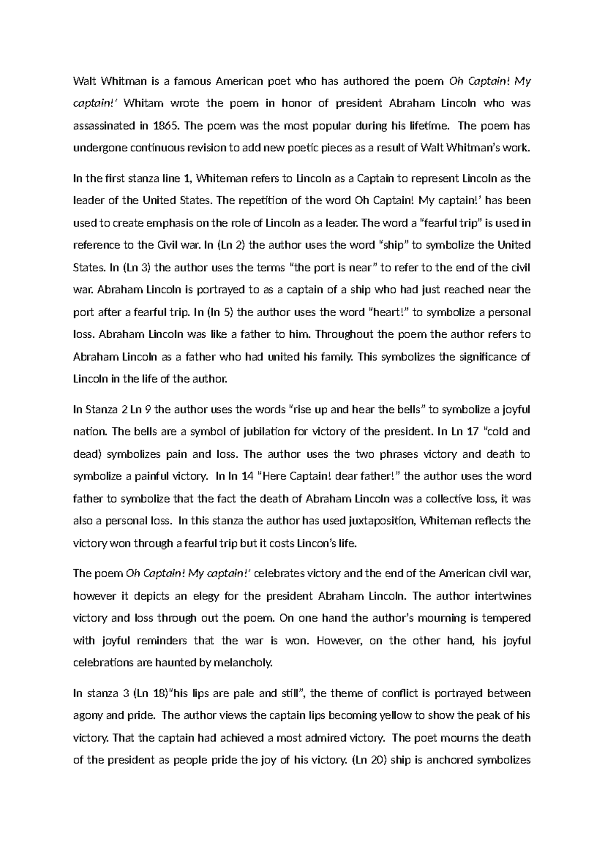 Walt Whitman's Analysis of "Oh Captain! My Captain!" Poem - Studocu