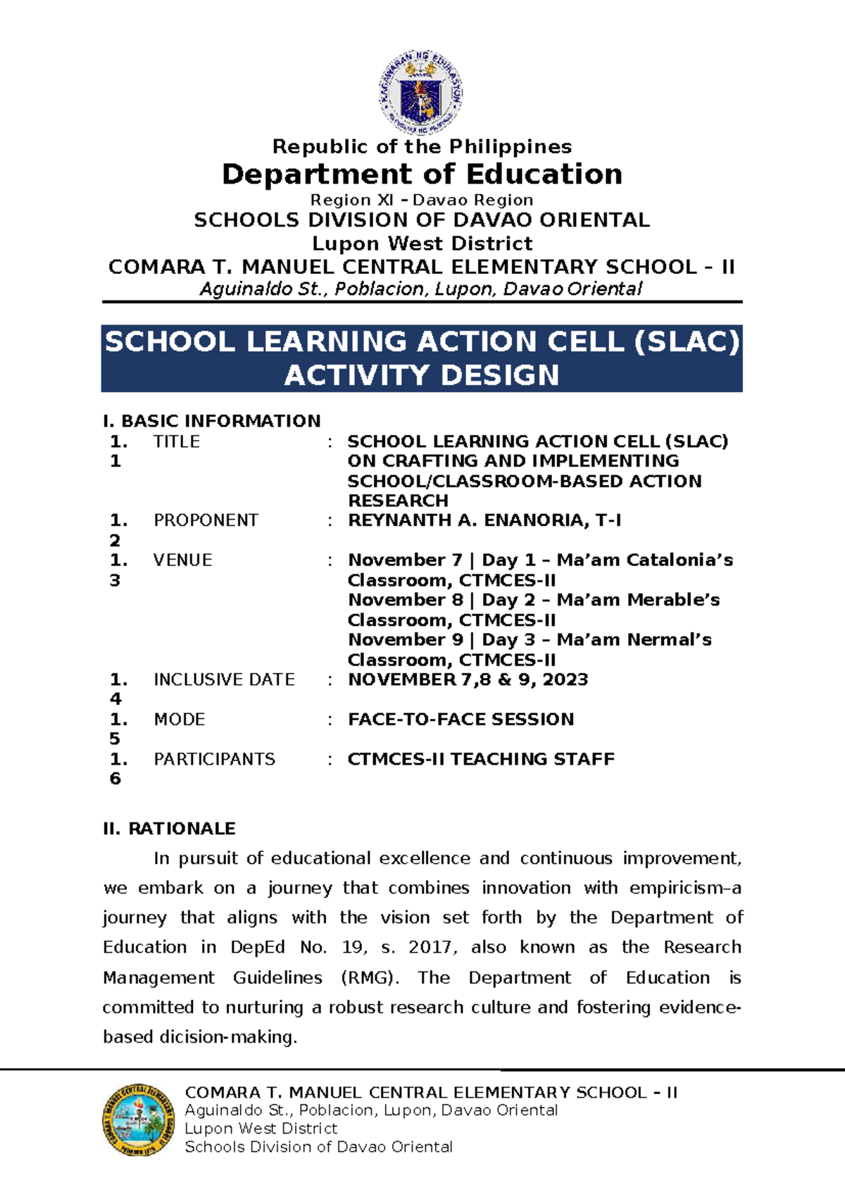 School learning action cell (SLAC) activity design for action research ...