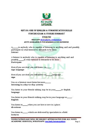 GST102 past questions - (GST102 - Use Of English Of Communication skill ...