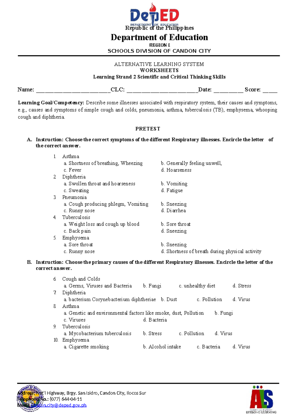 Alternative Learning System Worksheets: Respiratory Illnesses (Learning ...