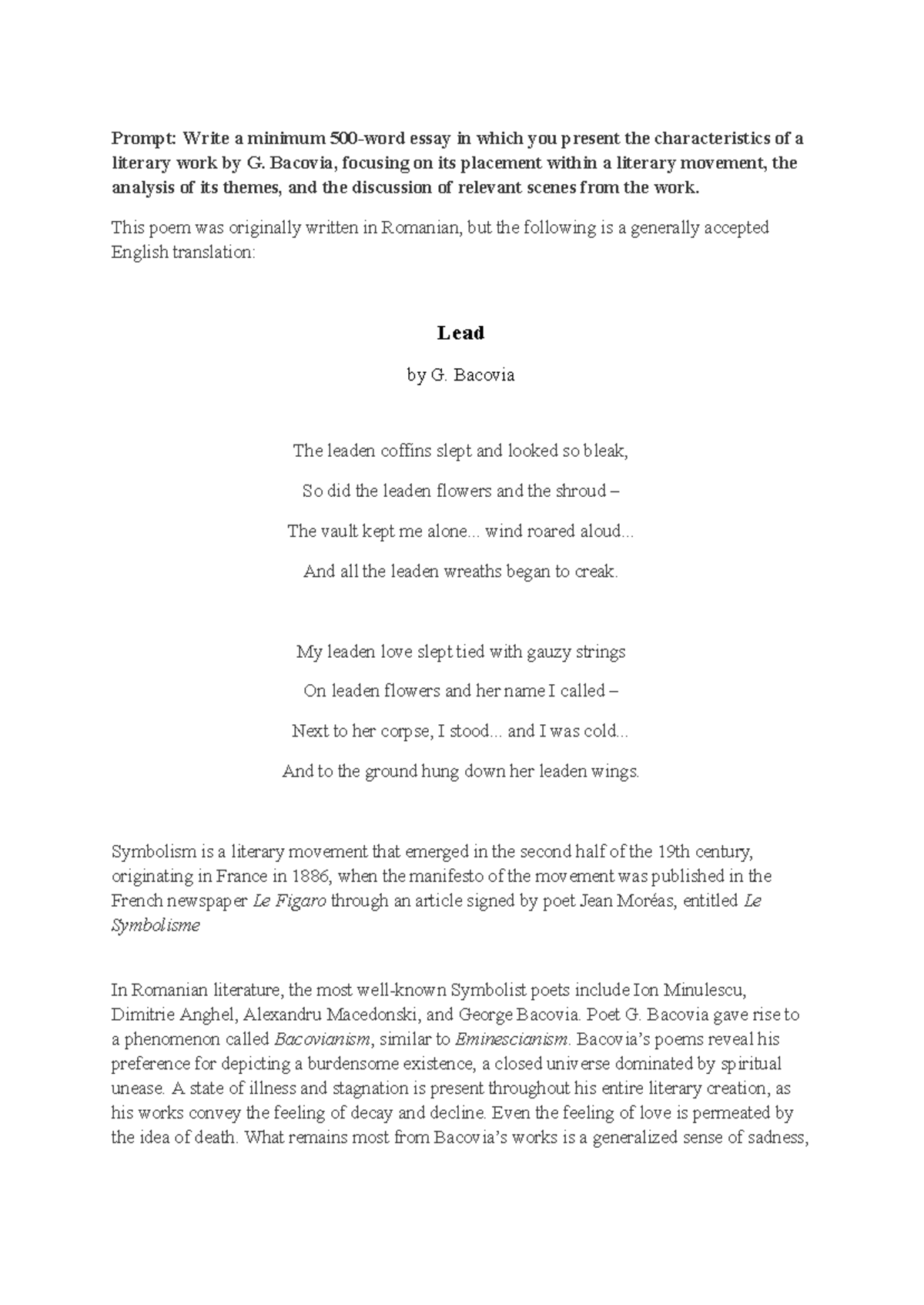 Lit Task3 - Essay on G. Bacovia's Symbolism and Themes - Studocu