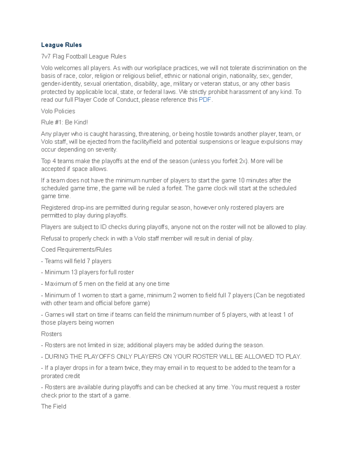 Volo 7v7 Flag Football League Rules and Player Conduct Guidelines - Studocu