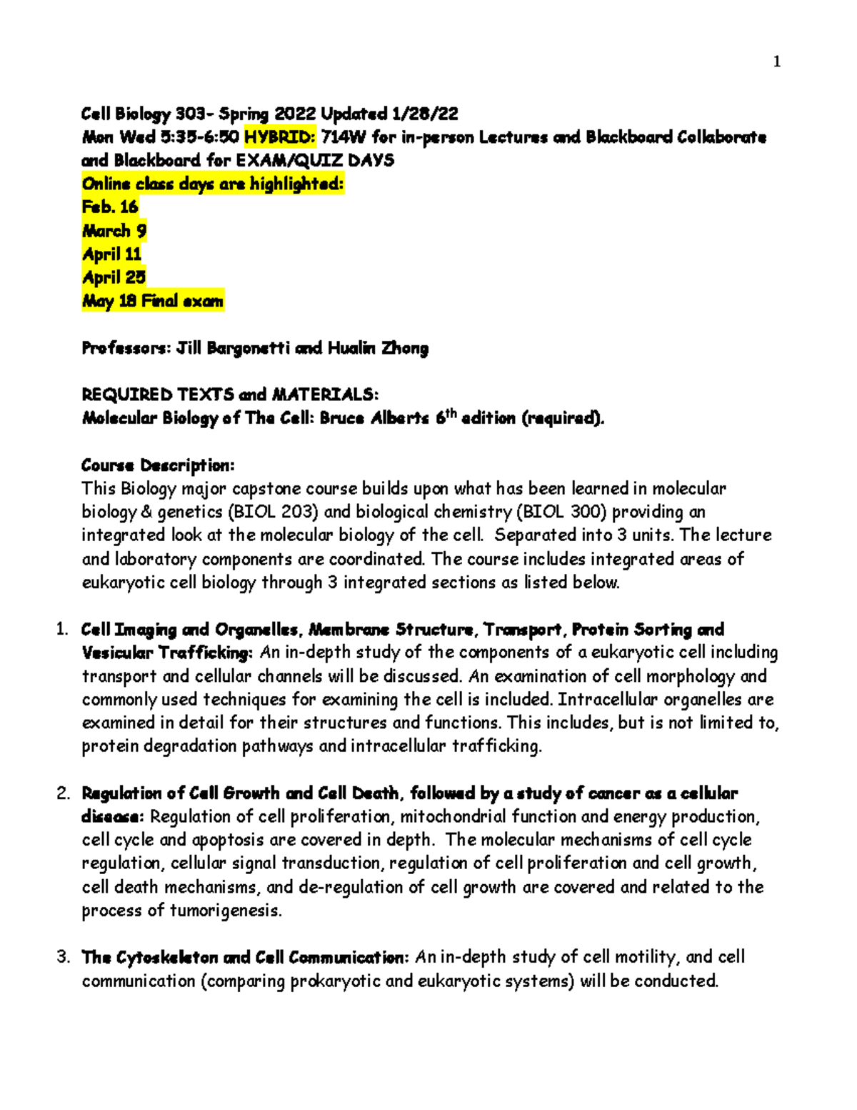 BIOL303 Syllabus: Cell Biology Capstone Course Guide - Spring 2022 ...