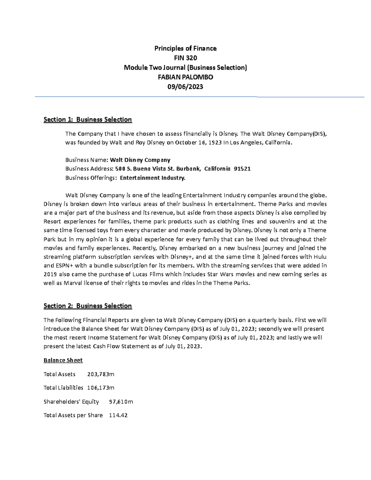 FIN 320 Module 2 Journal: Financial Assessment of Disney Company - Studocu