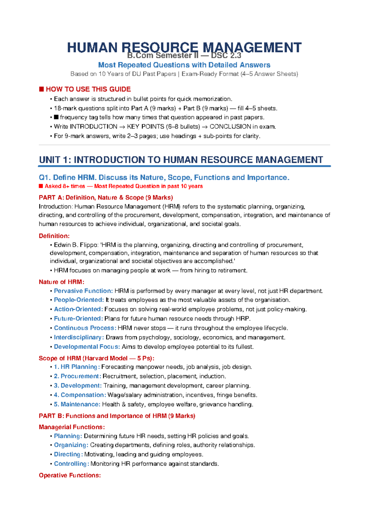 HRM Notes - B.Com Sem II DSC 2.3: Most Repeated Qs & Answers (10 Yrs ...