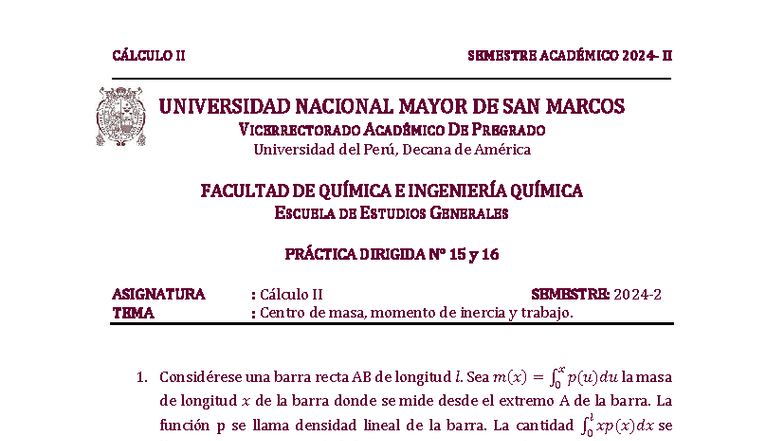 CÁLCULO II - PRÁCTICA DIRIGIDA 15 y 16: Centro de Masa y Trabajo - Studocu