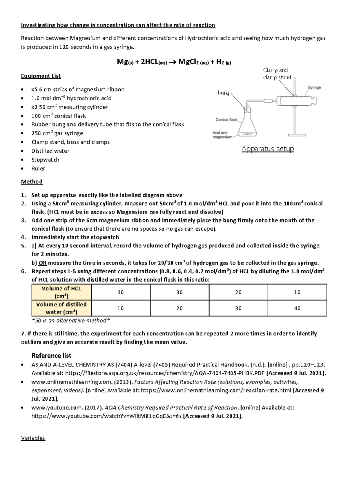 AQA Chemistry Practical 7b: Investigating Reaction Rates with HCl ...