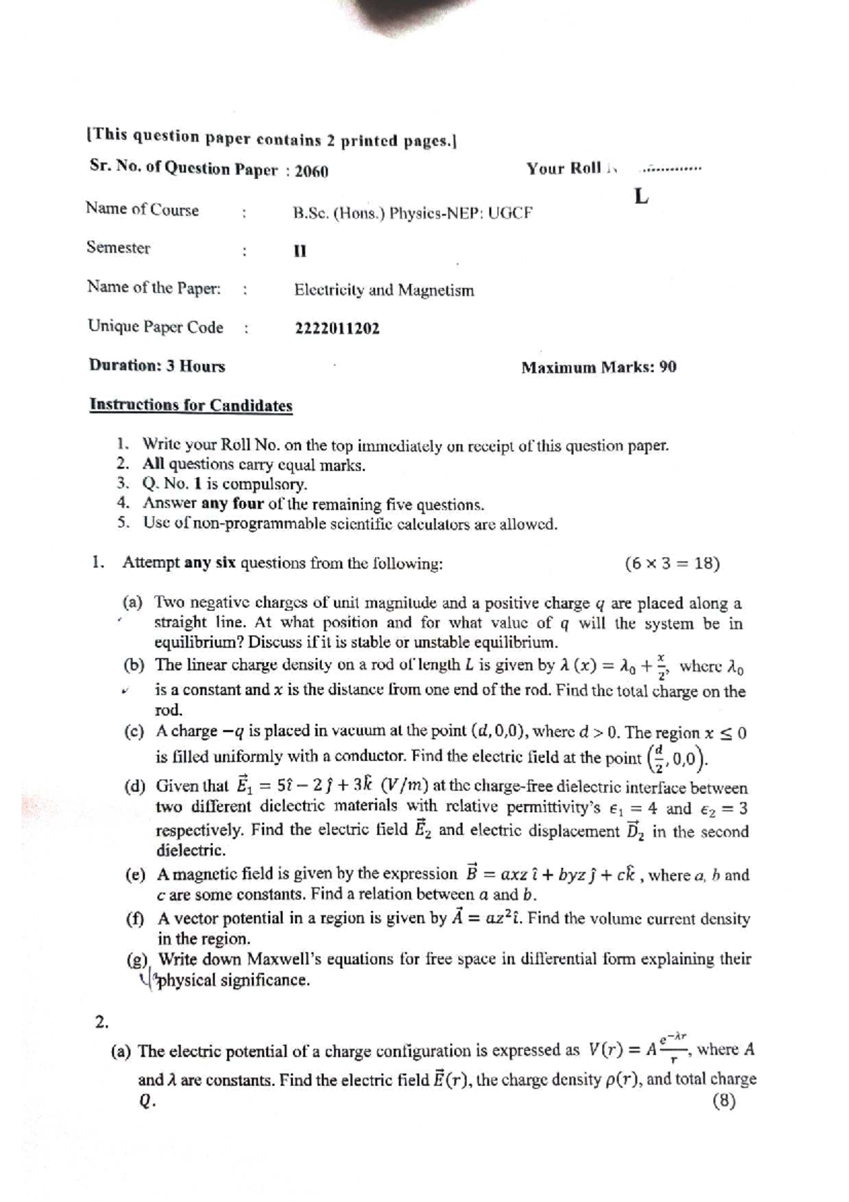 B.Sc. (Hons.) UGCF II Sem Electricity & Magnetism Exam Paper 2060 - Studocu
