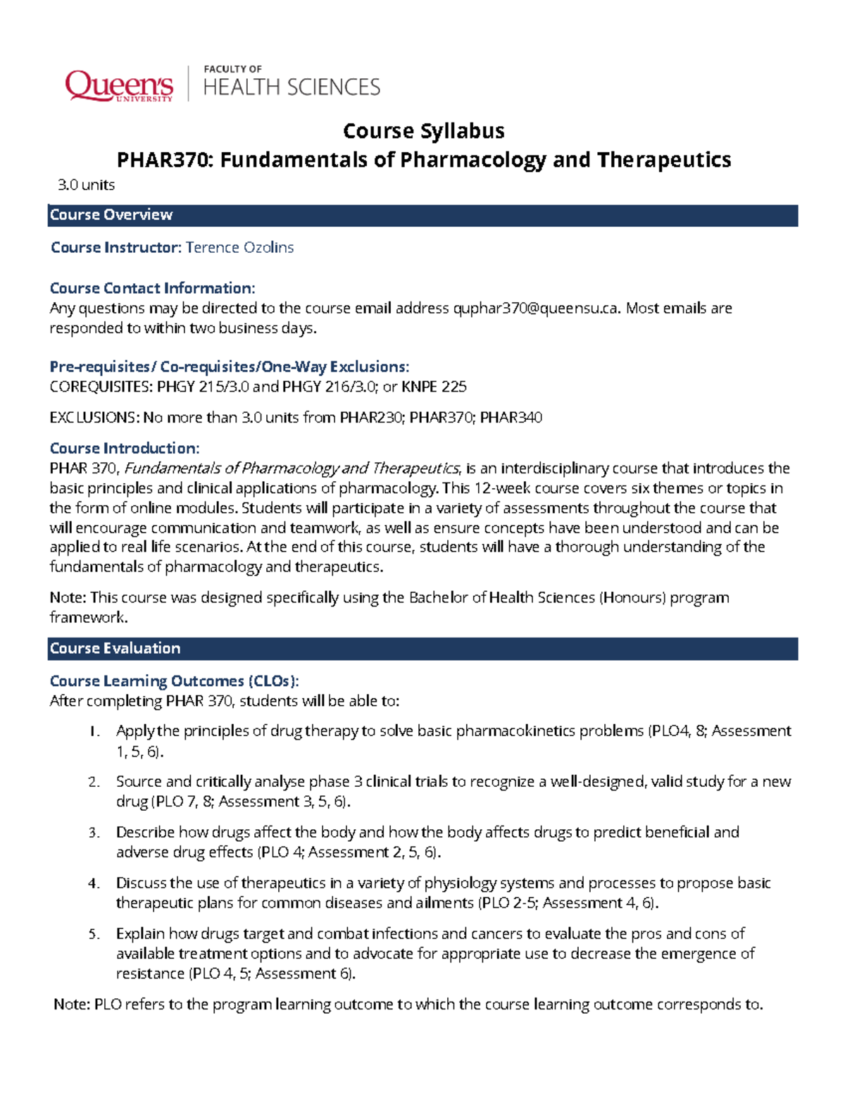 PHAR370 Syllabus: Fundamentals of Pharmacology & Therapeutics - Studocu