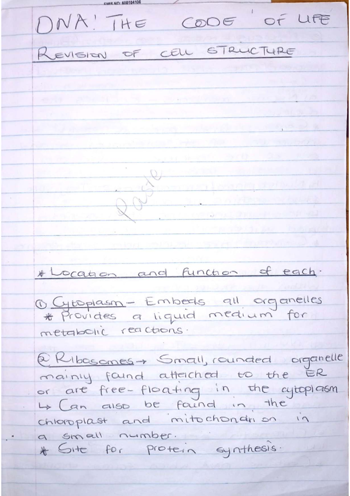 EMIS NO: 600104106 DNA Code of Life - Cell Structure Revision Notes ...
