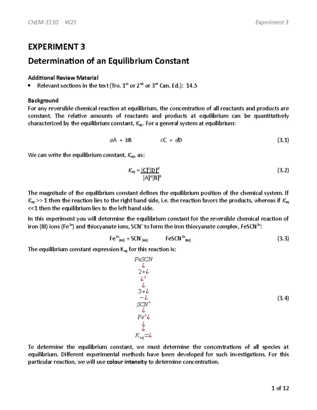Experiment 3: Determination of Equilibrium Constant (Keq) using FeSCN2 ...