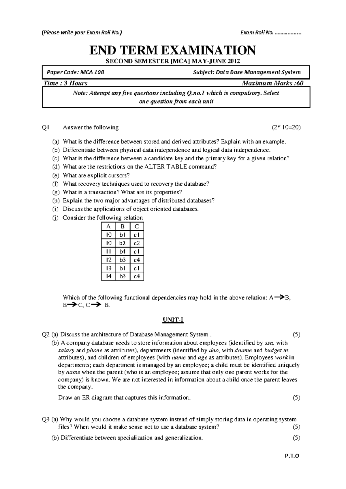 MCA 108 End Term Exam: Data Base Management System 2012 - Studocu