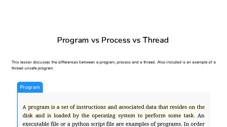 Lesson on Program vs Process vs Thread (CS101) - Studocu