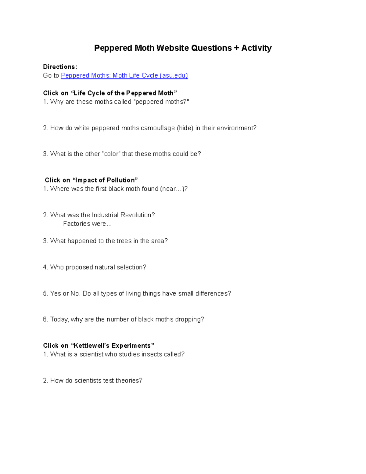 Peppered Moth Online Assignment Questions & Activity Directions - Studocu