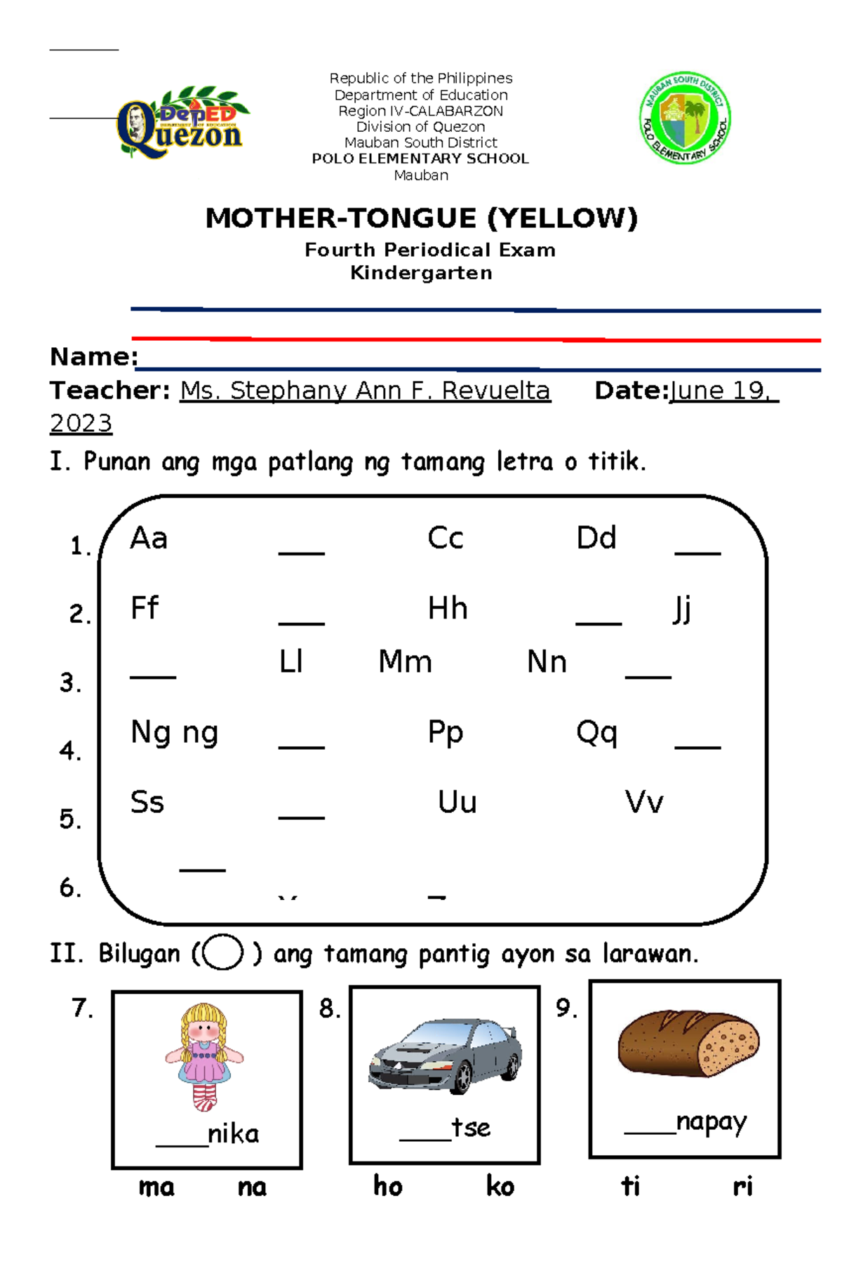 4TH Periodical Exam for Kindergarten: Comprehensive Review - Studocu