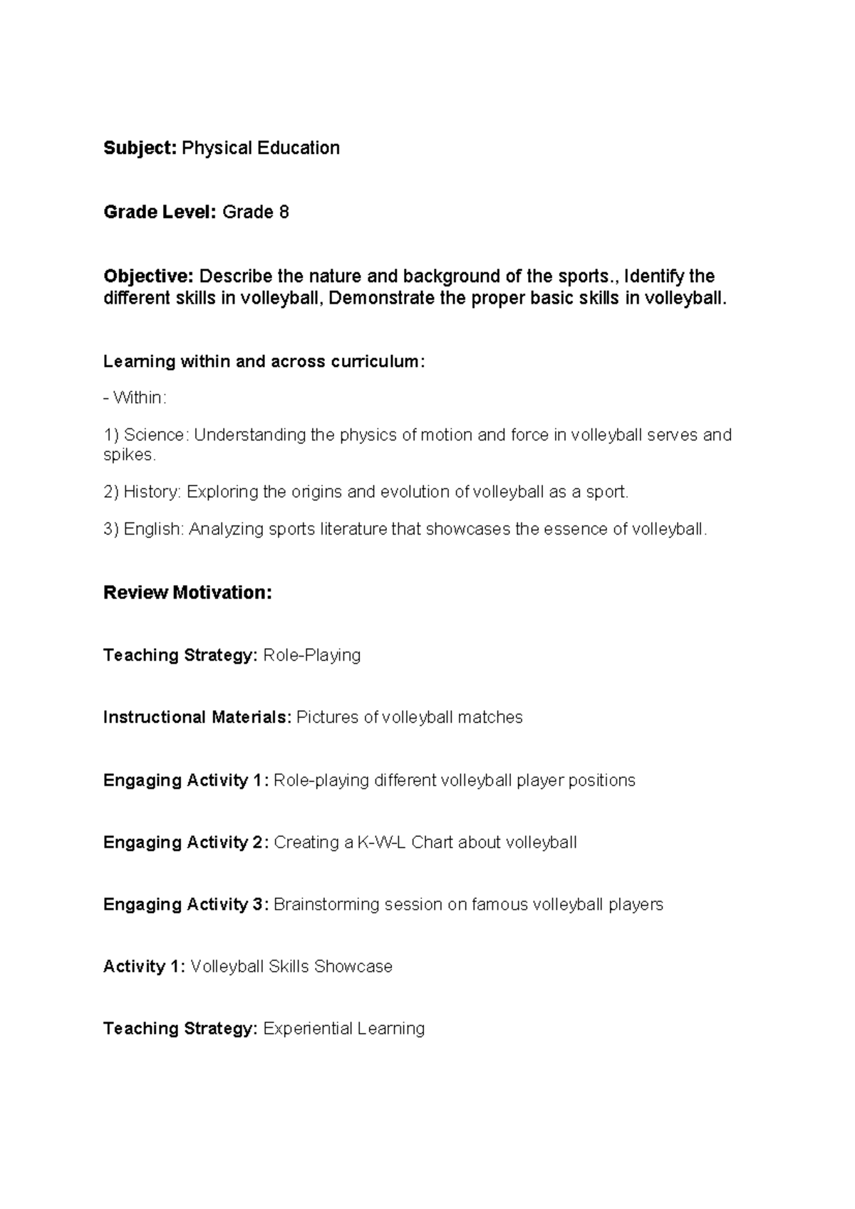 Lesson plan - Subject: Physical Education Grade Level: Grade 8 ...