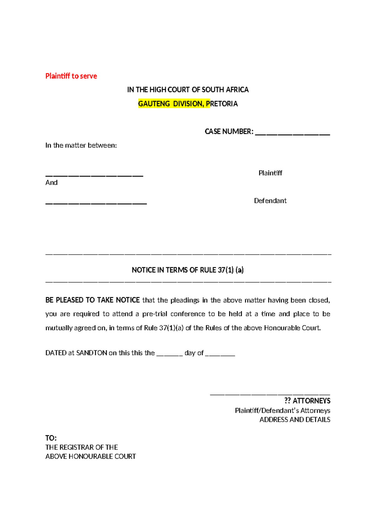 Notice of Pre-Trial Conference Under Rule 37(1)(a) - High Court - Studocu