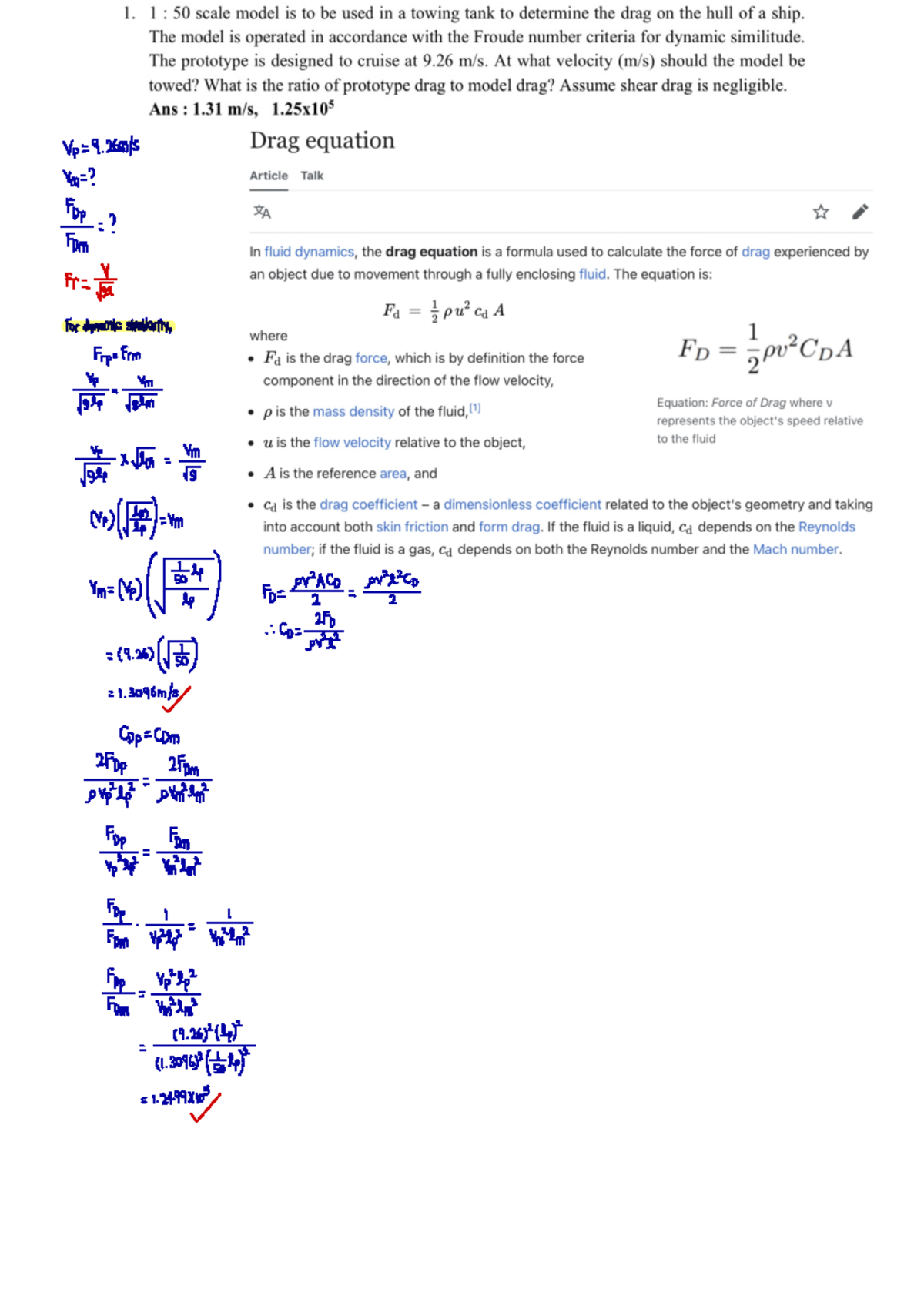 Tutorial 5 - Vp = 9 Vn=? FDP =? FDM V FF ge For dynamic similarity ...