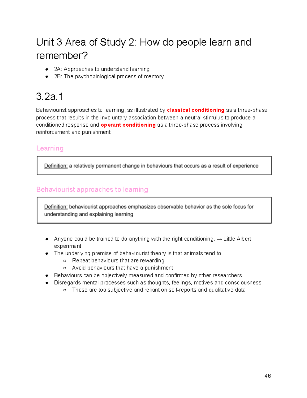 VCE Psychology U3 AOS2: Learning and Memory Approaches Notes - Studocu