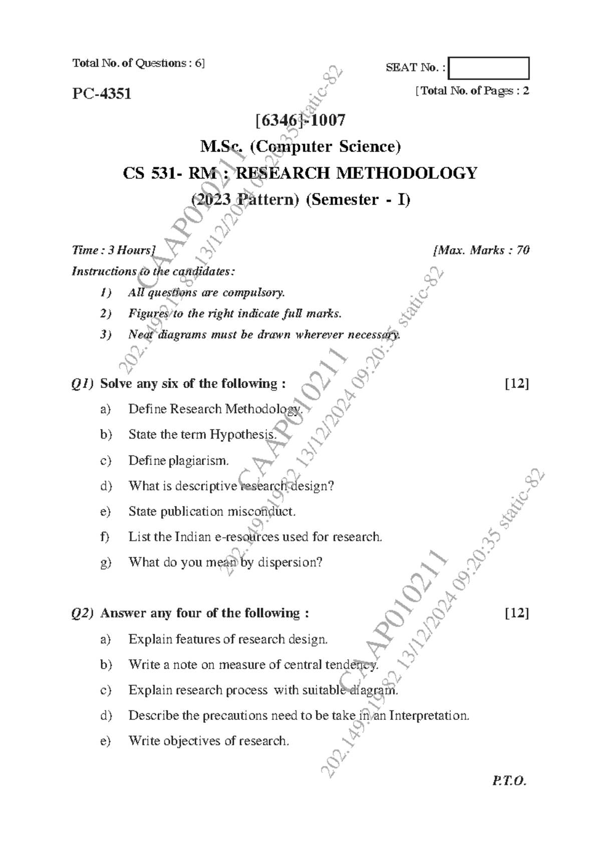 MSc(CS)-I CS-531-RM Research Methodology Exam Paper (2023) - Studocu