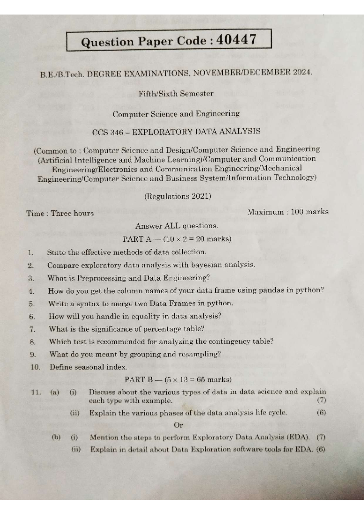 CCS 346 - Exploratory Data Analysis Question Paper, Nov 2024 - Studocu