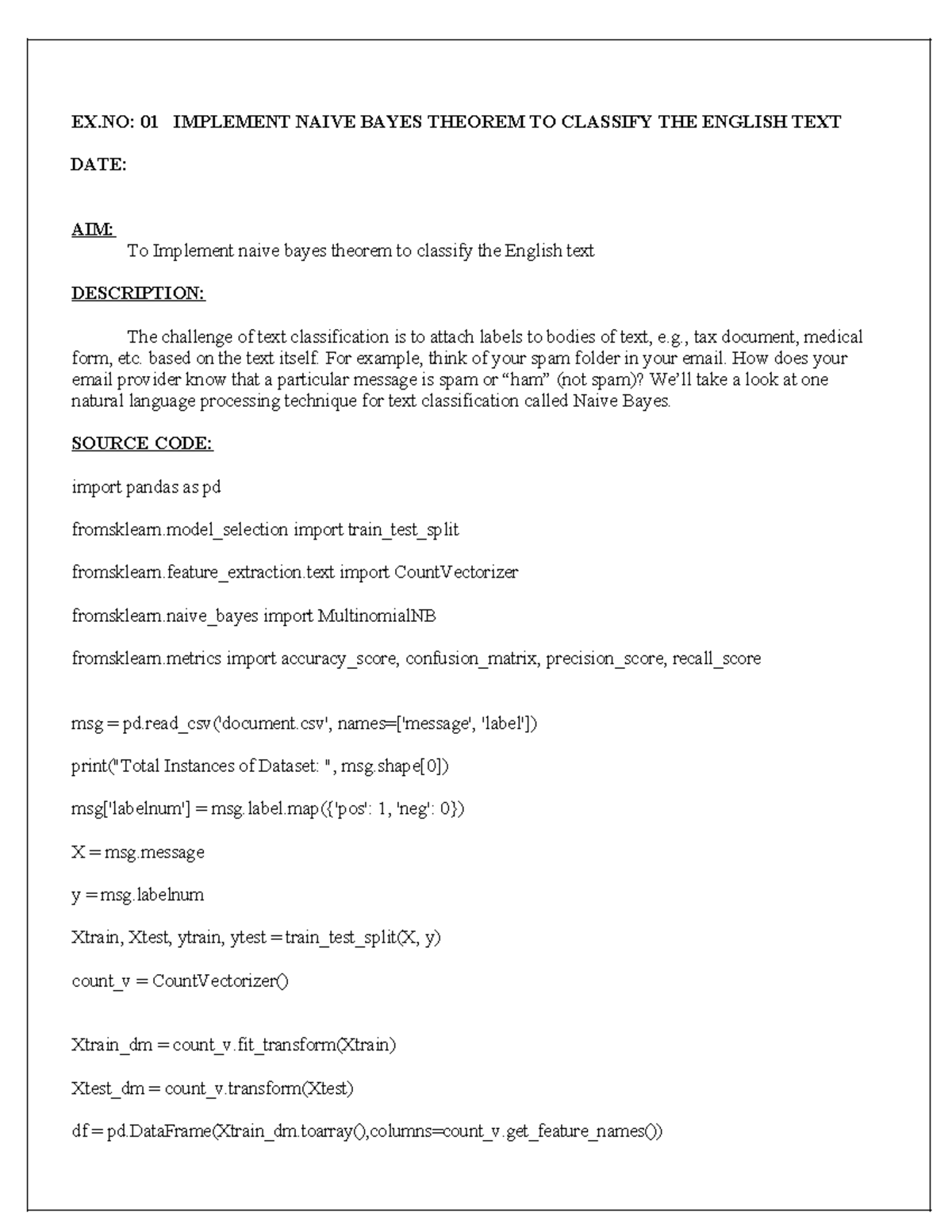 CP4252 Machine Learning Lab Manual: Naive Bayes & KNN Implementations ...