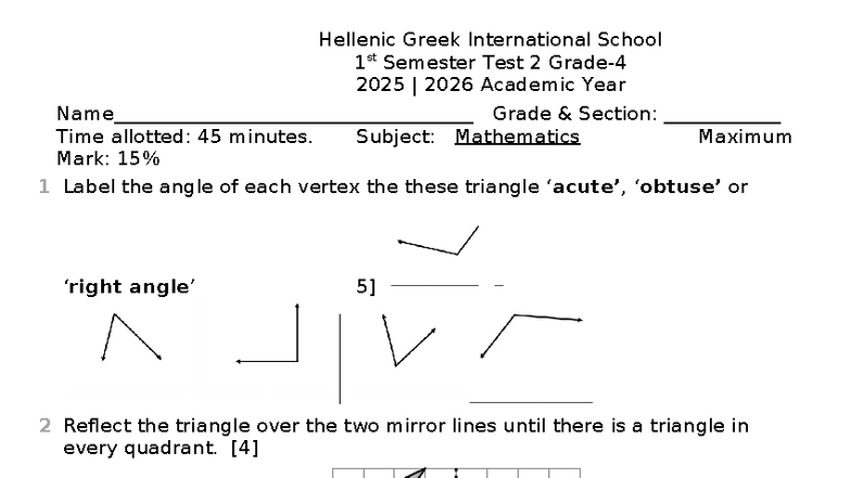Hellenic Greek International School Math 1st Semester Test 2025-2026 ...