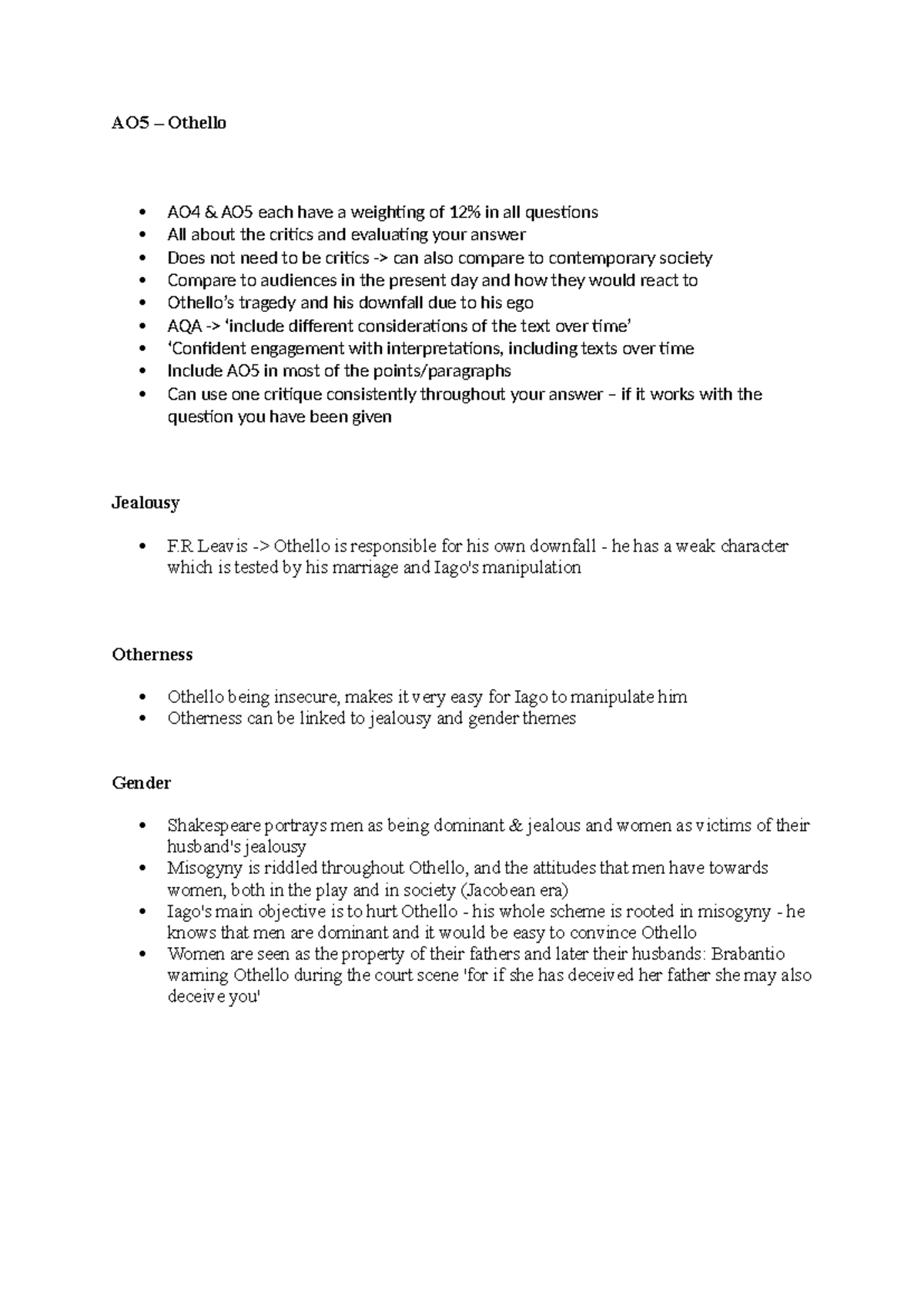 AO5 - Critique Analysis for Othello's Themes and Characters - Studocu