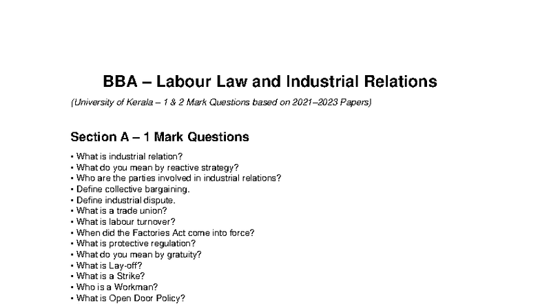 BBA Labour Law 1 & 2 Mark Questions - Kerala University - Studocu
