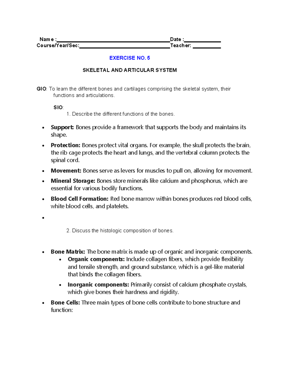 LAB Exercise Skeletal System (2) - Name : Date : Course/Year/Sec ...