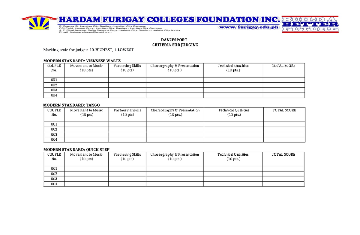 DANCESPORT Judging Criteria & Tabulation Sheet for Modern Standard ...