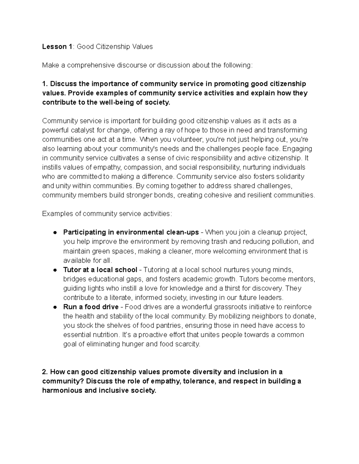 Lesson 1: The Role of Good Citizenship Values in Community Engagement ...