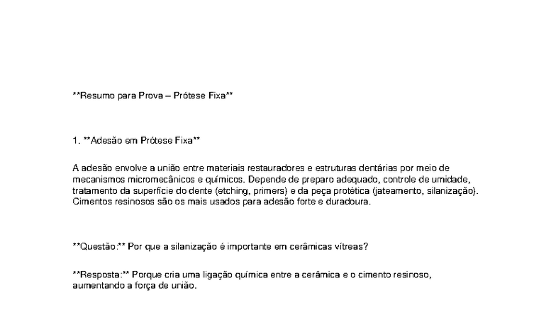 Resumo da Prova de Prótese Fixa 1: Adesão e Materiais - Studocu