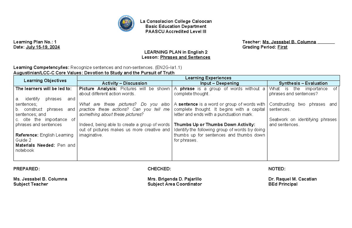 ENGLISH 2 LESSONS - La Consolacion College Caloocan Basic Education ...