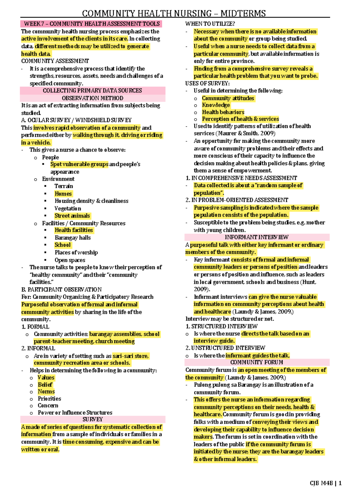 CHN - Midterm Lecture Notes: Community Health Assessment Tools - Studocu