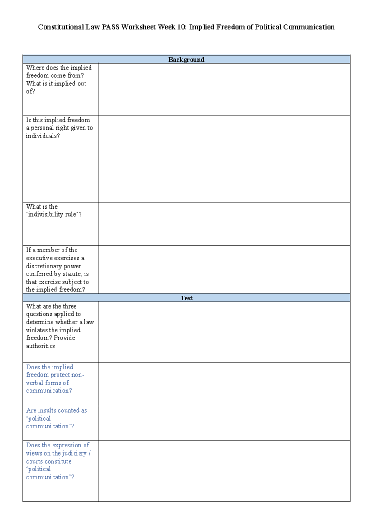 Constitutional Law PASS Worksheet Wk 10: Implied Freedom of Political ...